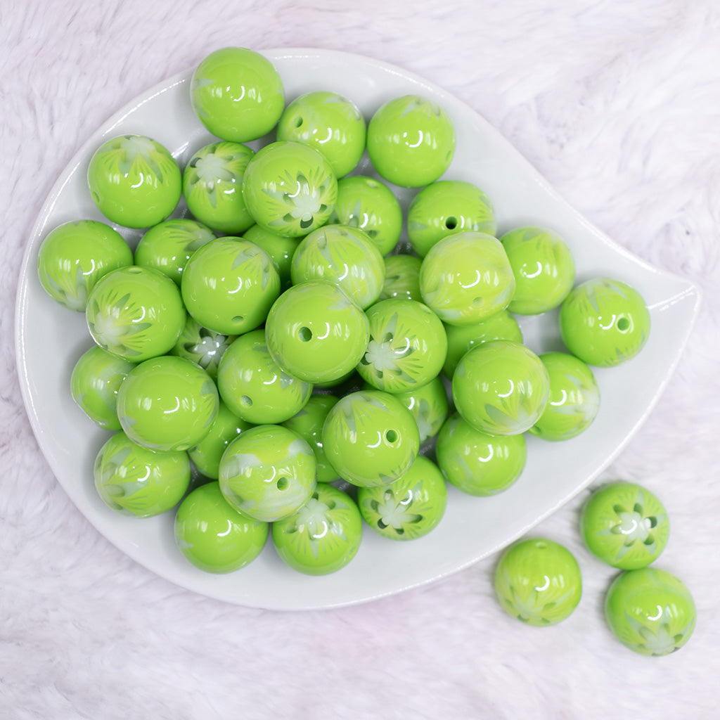 20mm Green with White Marble Flower Bubblegum Beads | The BumbleBead Company