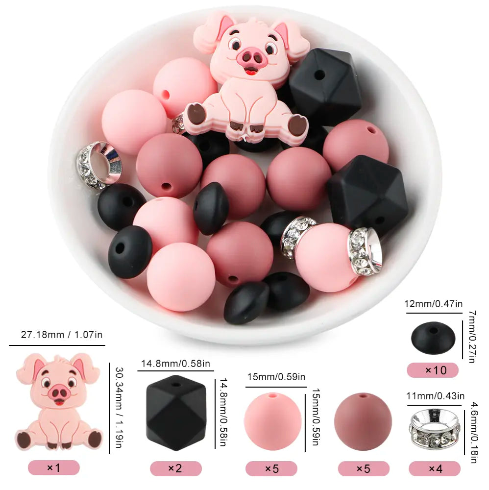 Pig Silicone Variety Bead Pack- 27 Pieces | The BumbleBead Company