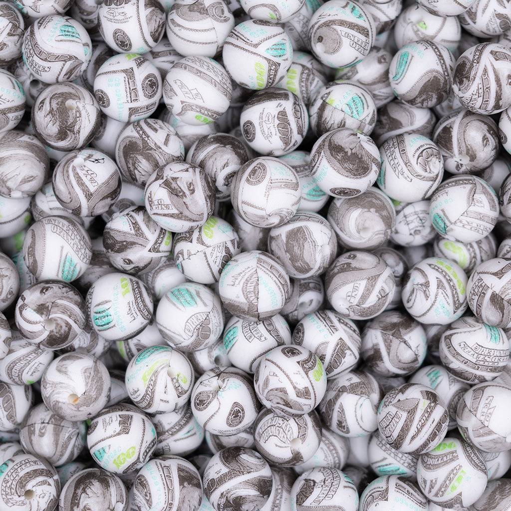15mm Money Print Round Silicone Bead | The BumbleBead Company
