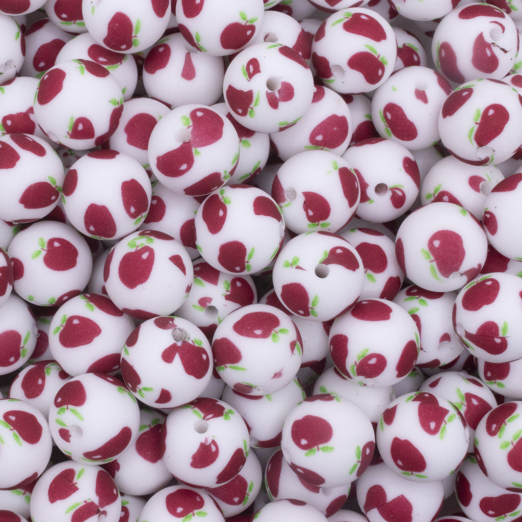 15mm Red Apple Print Round Silicone Bead | The BumbleBead Company